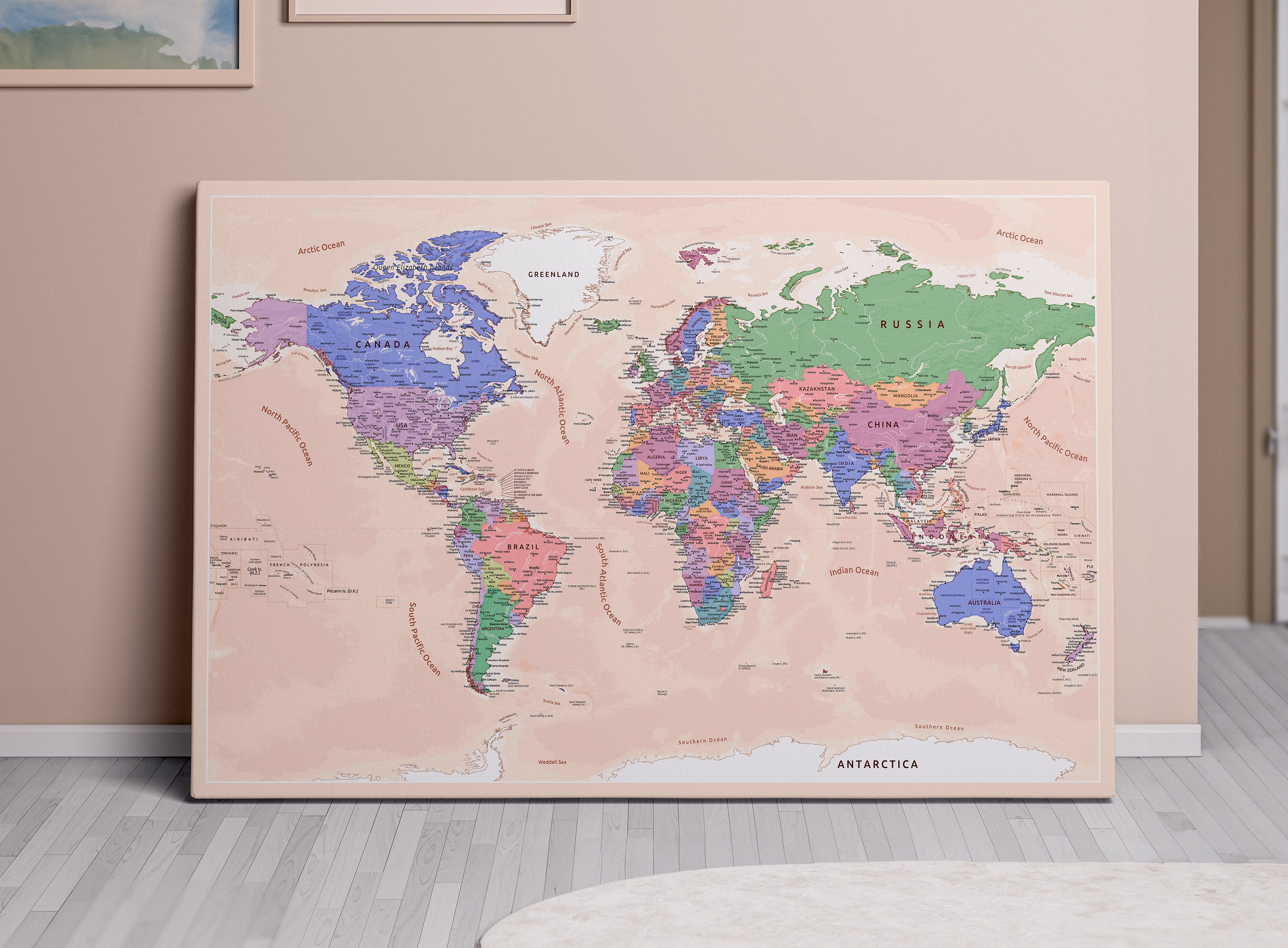 Customizable Travel World Map Pinboard - Pastel Wall Decor - Pinmap.eu