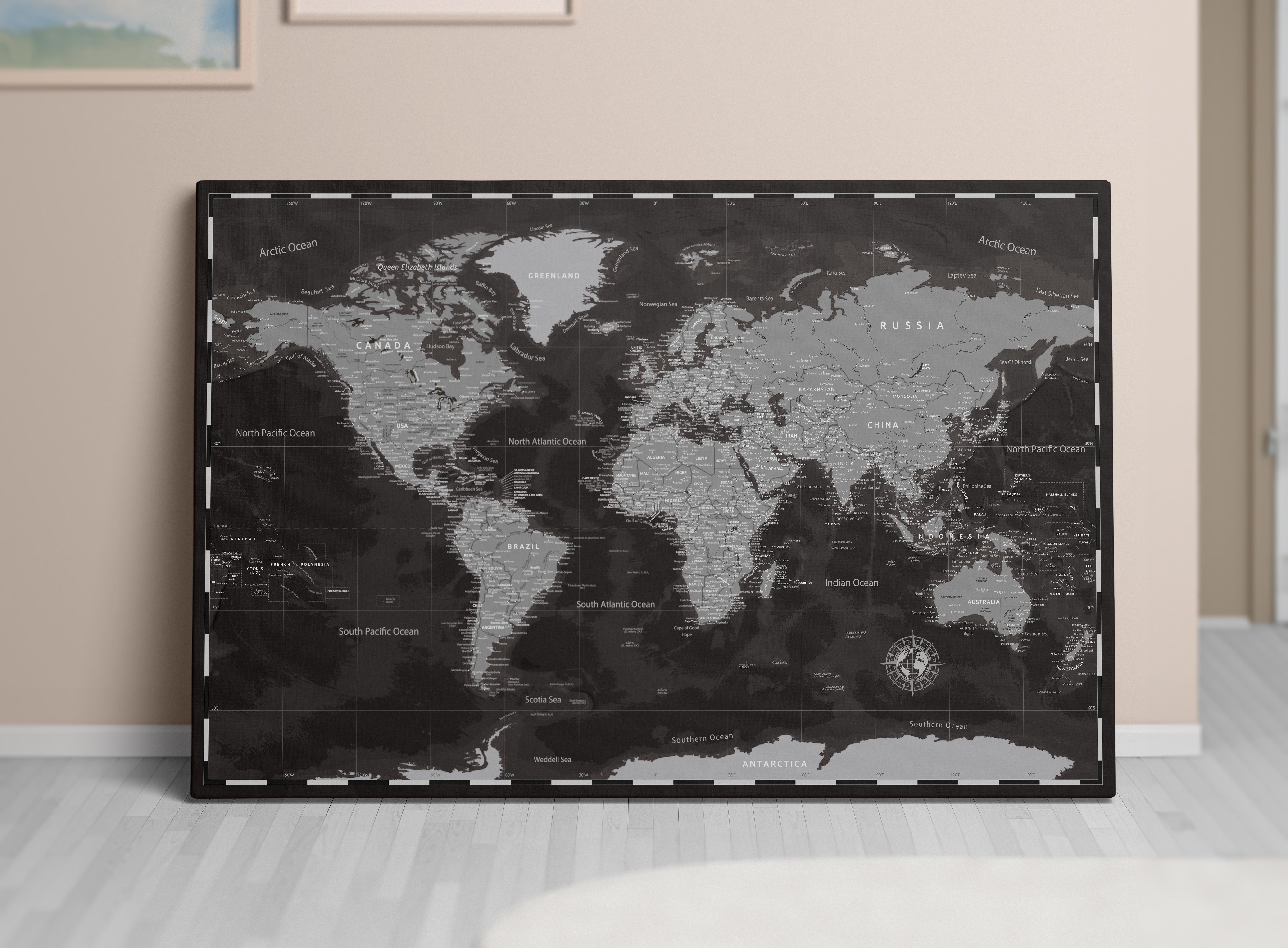 Personalized Metallic Grey Canvas World Map - Pinboard for Travelers ...